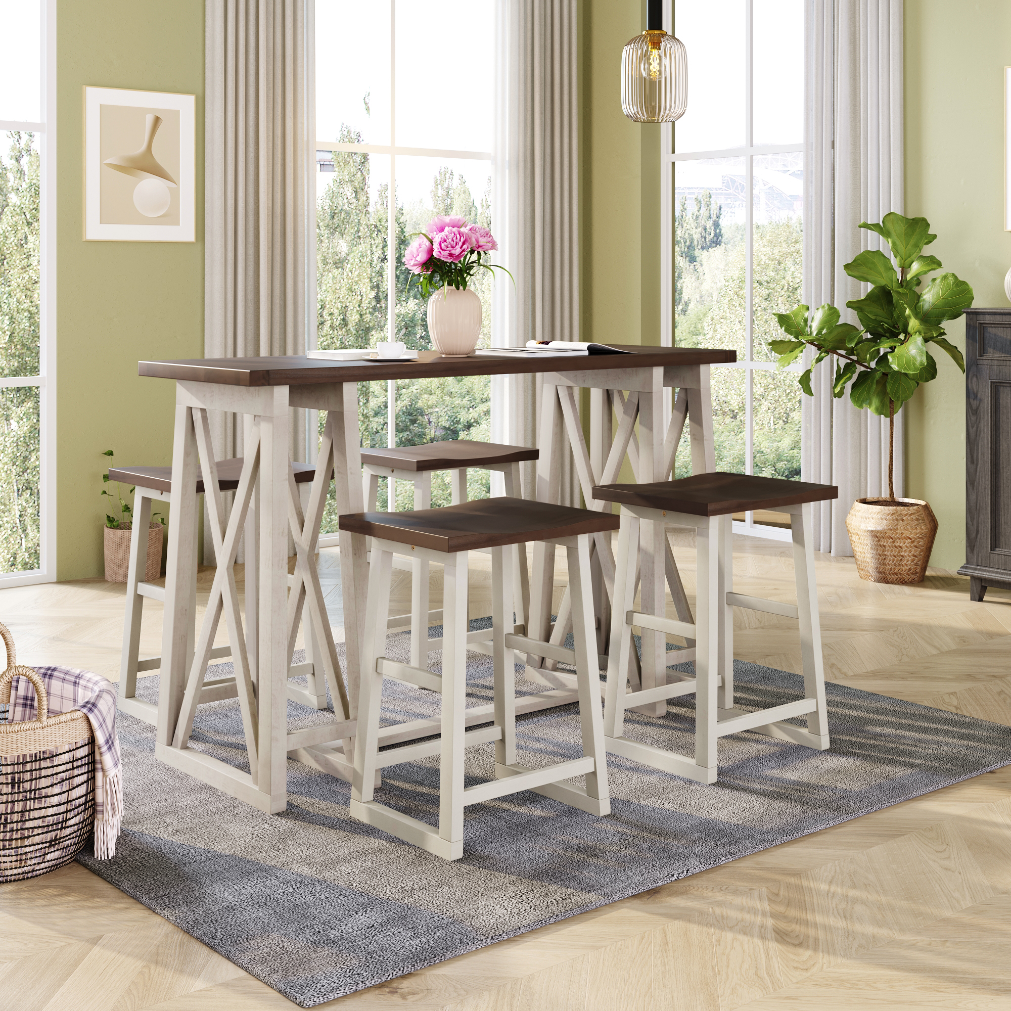 5 Piece Counter Height Solid Wood Dining Room Set with 4 Stools, Rustic ...