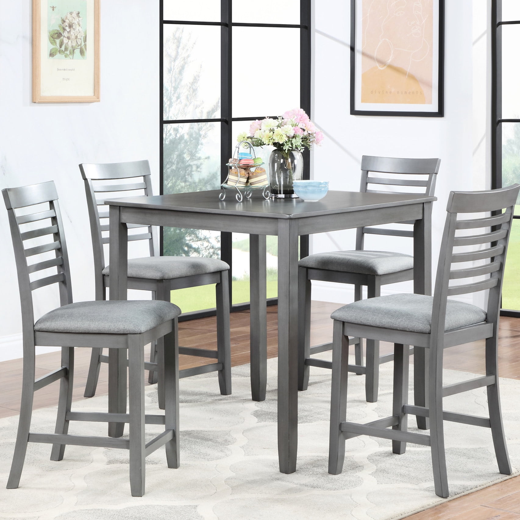 5 Piece Counter Height Square Dining Table Set, Wood Construction ...