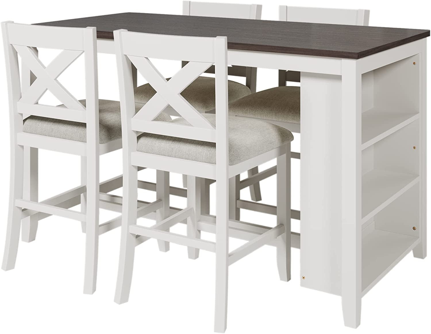 5 Piece Counter Height Wooden Bar Table Set with 3-Tier Shelf and 4 ...