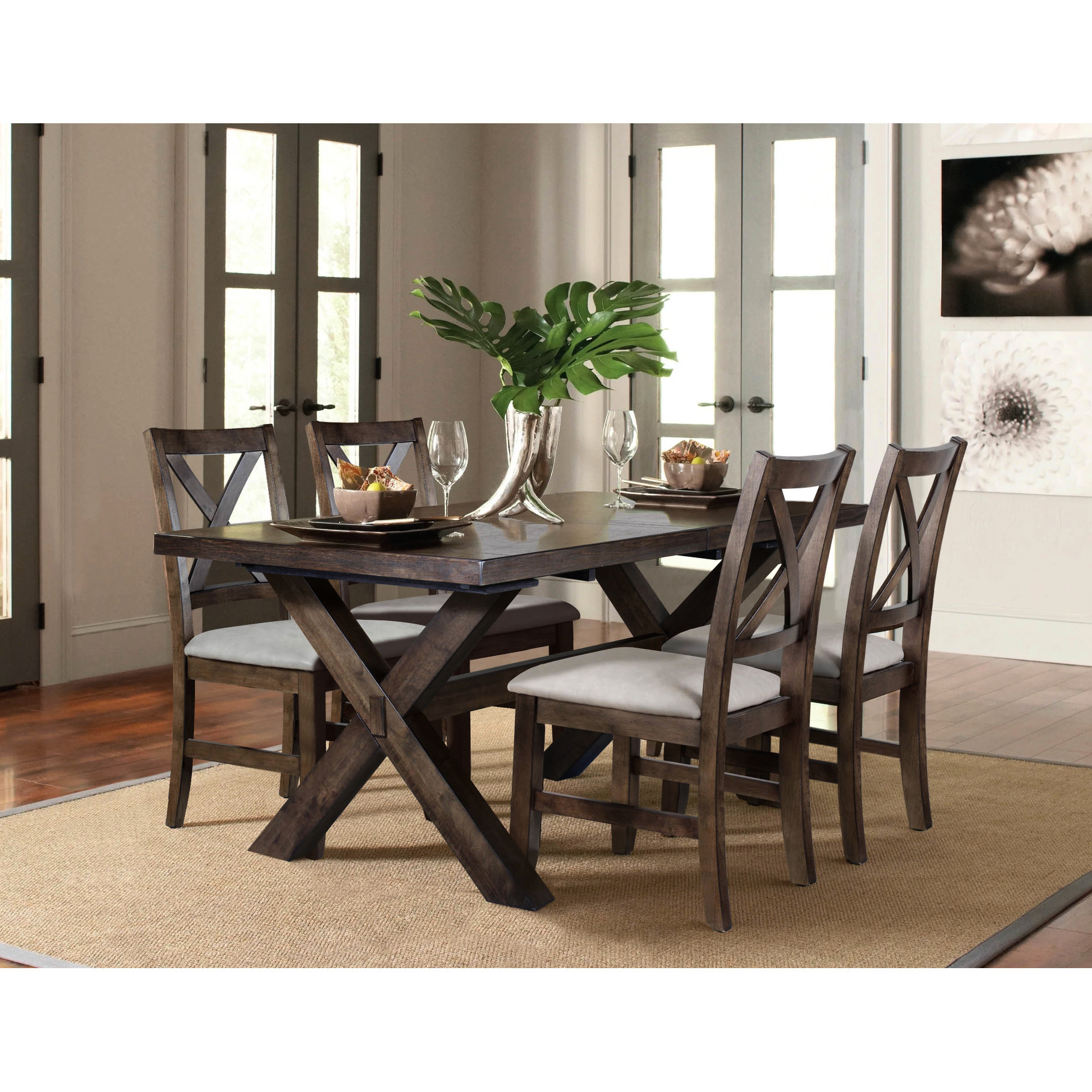 5 Piece Dining , Dark Brown - Wood Materials Timber Beam Trestle Base ...