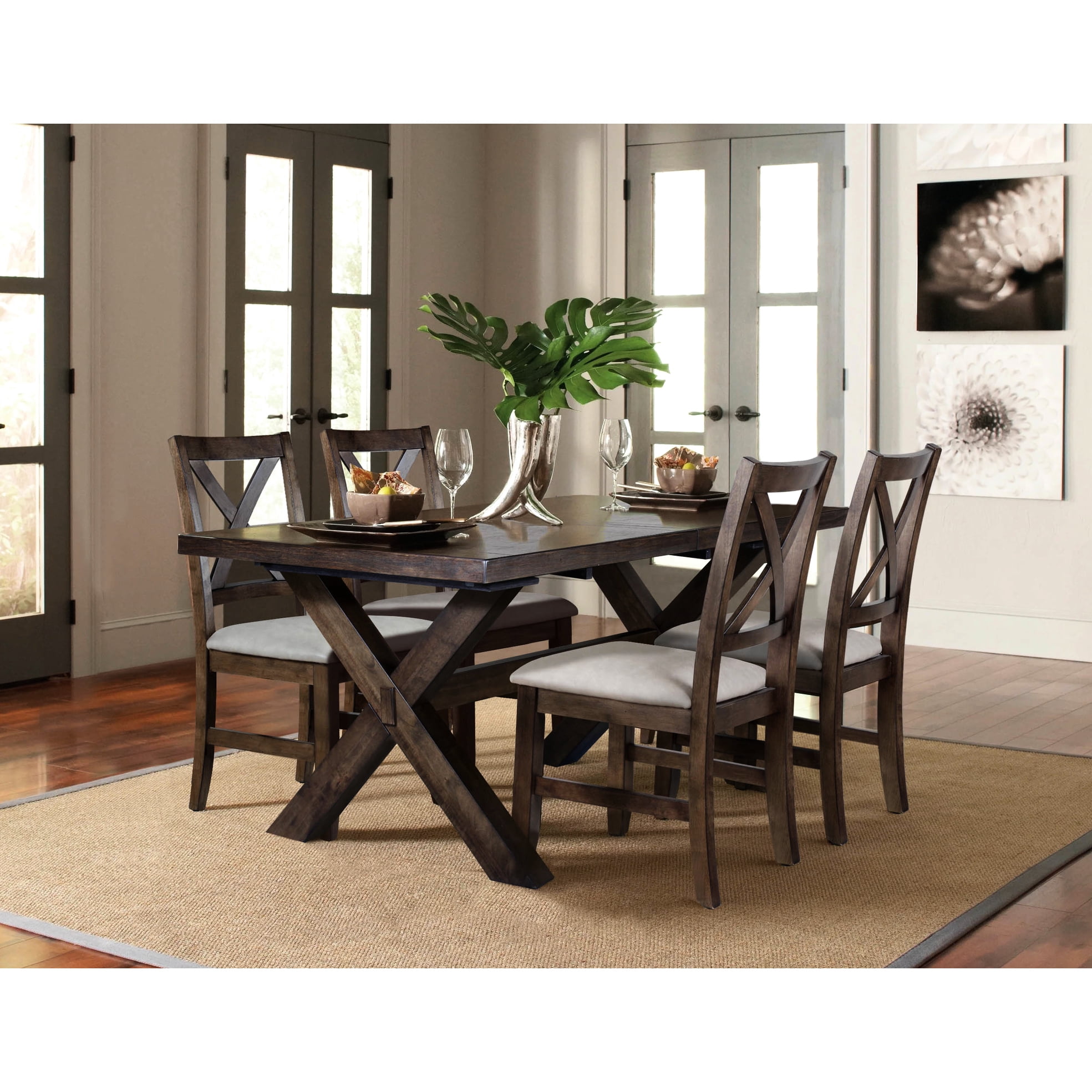 5 Piece Dining , Dark Brown - Wood Solid And Veneer Timber Beam Trestle ...