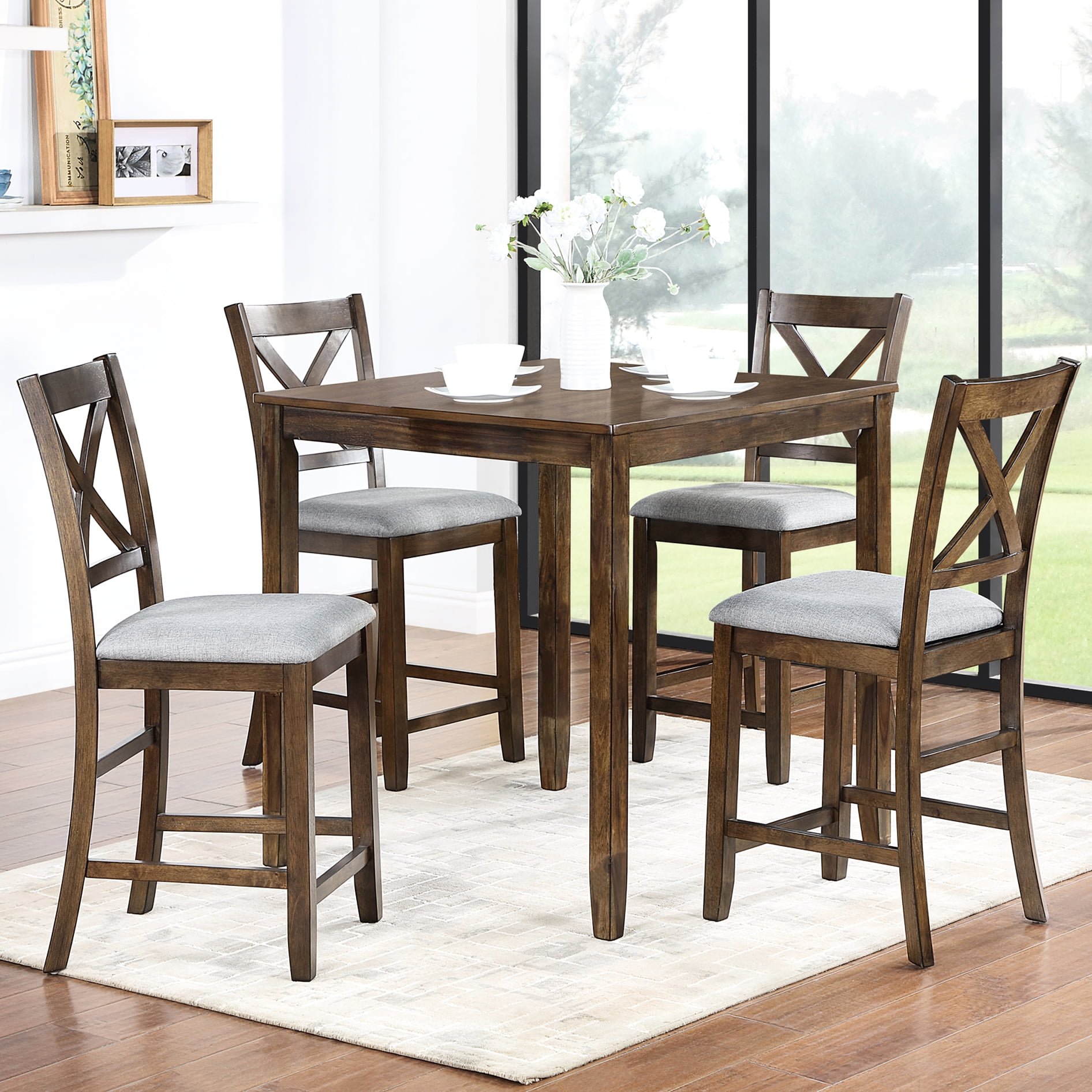 5 Piece Dining In Walnut, Counter Height Square Table And 4 Upholstered ...