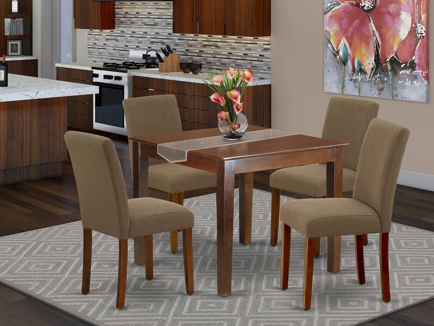 5 Piece Dining Room Set with Square Table and Coffee Linen Chairs ...