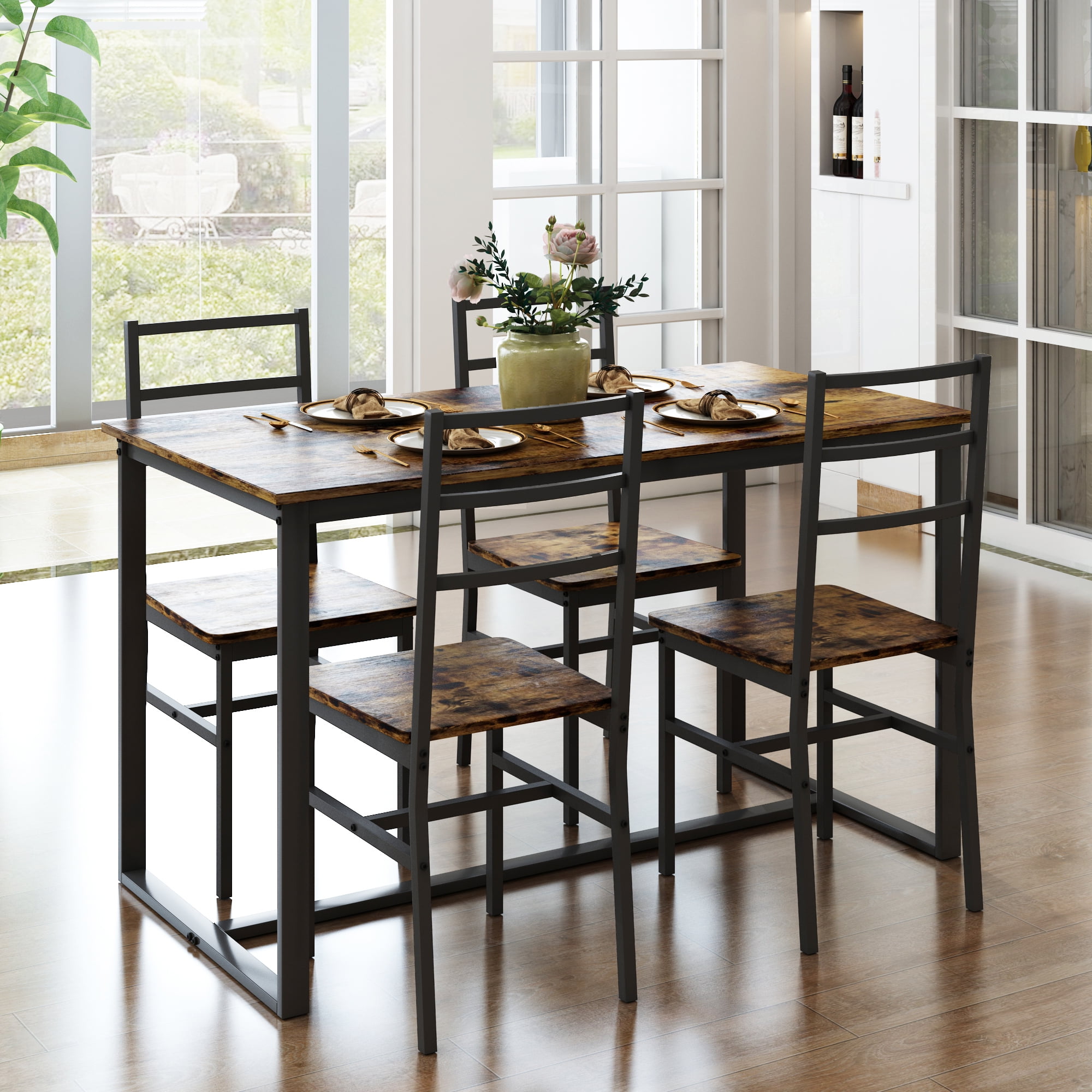 5-Piece Dining Room Table Set, Compact Wooden Kitchen Table and 4 ...