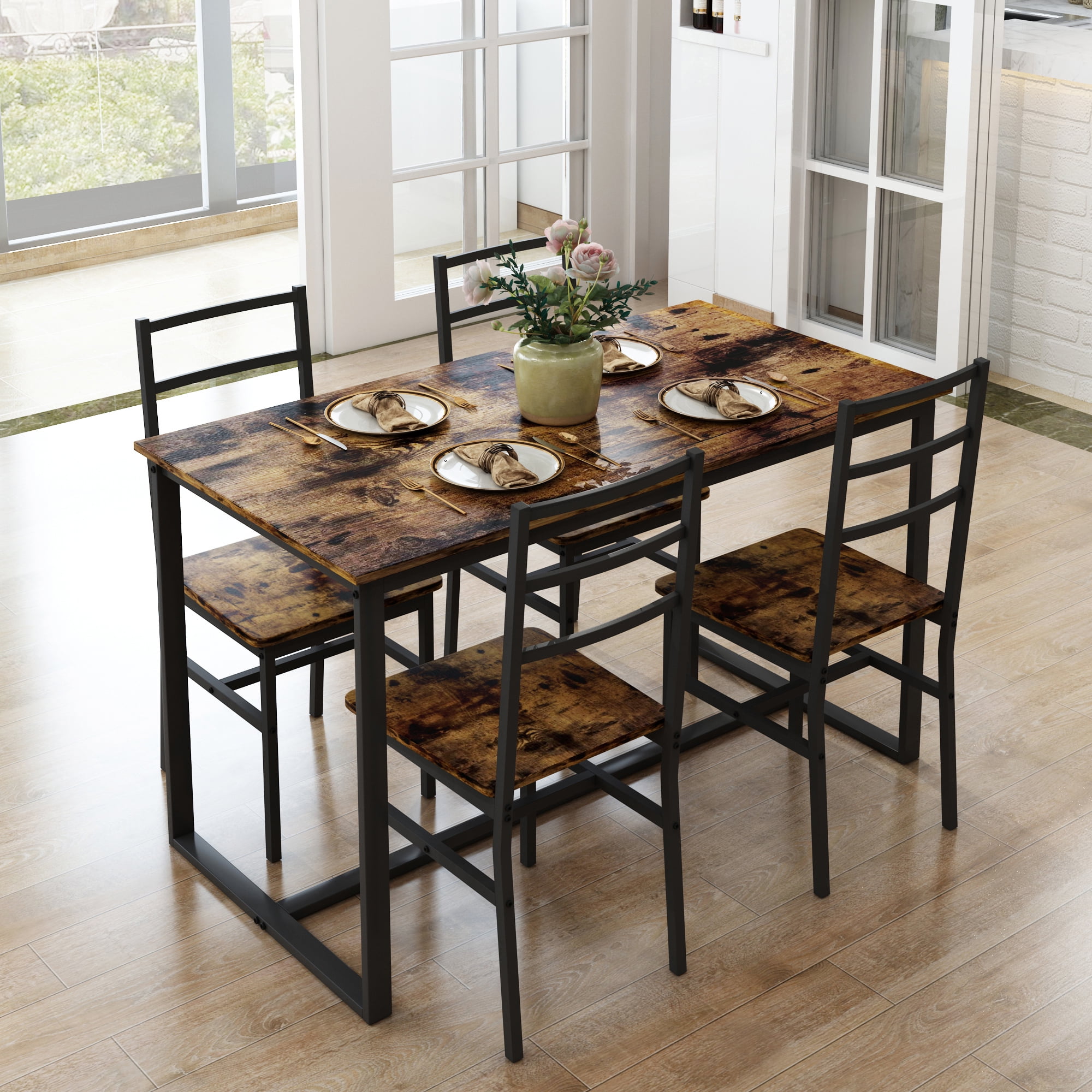 SEGMART 5-Piece Compact Dining Set, Wooden Table & 4 Chairs with Metal ...