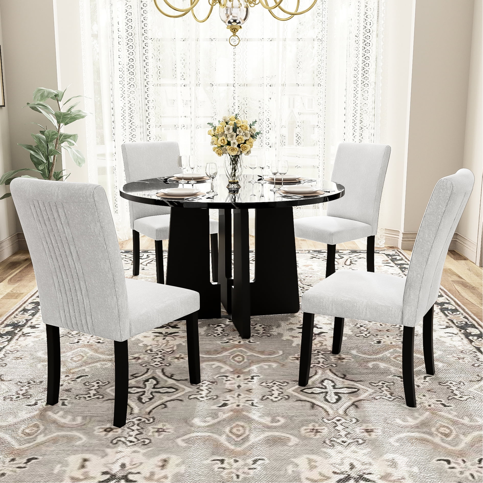 5-Piece Dining Set: 43.3" Round Table, 4 Upholstered Chairs, Perfect ...