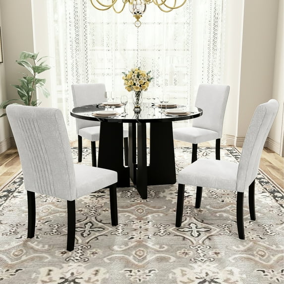 5-Piece Dining Set: 43.3" Round Table, 4 Upholstered Chairs, Perfect ...