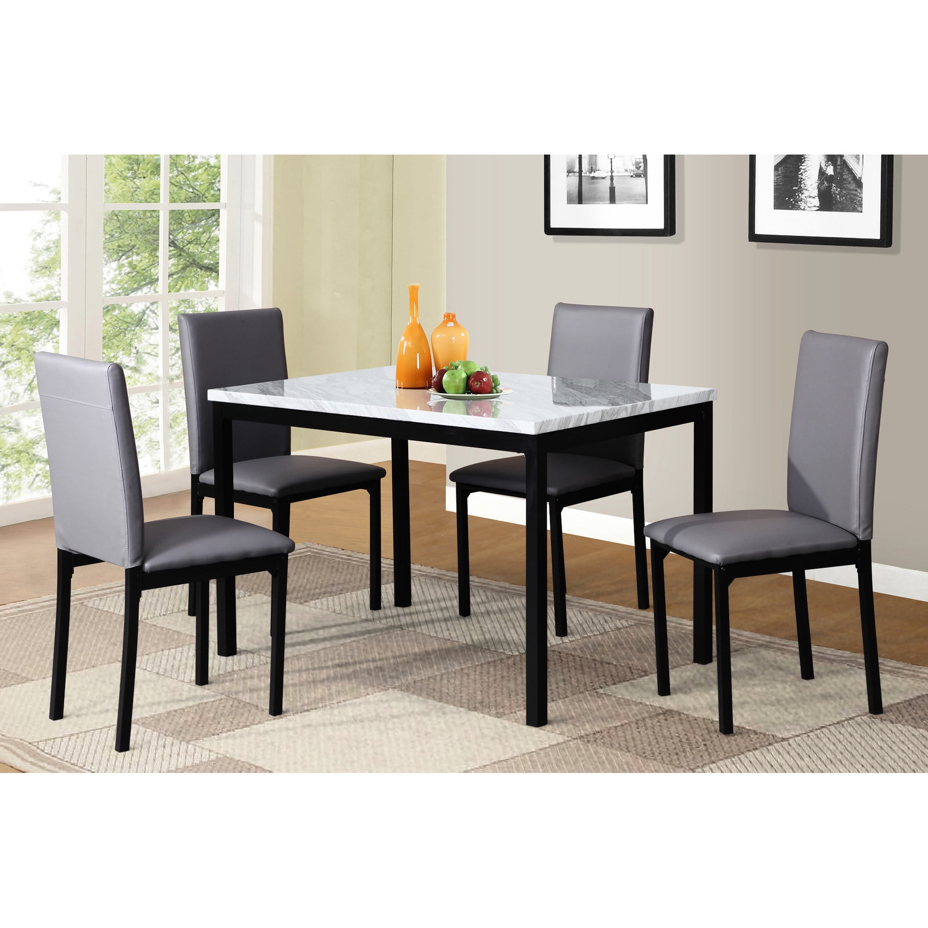 5-Piece Dining Set, Black Metal Frame, Off-white Faux Marble, 4 Gray ...