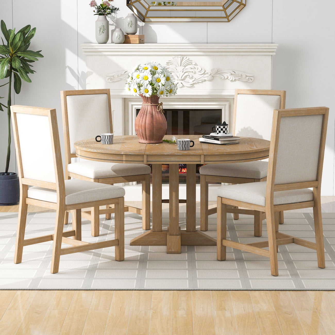 5-Piece Wooden Dining Set with Extendable Round Table and 4 Chairs ...