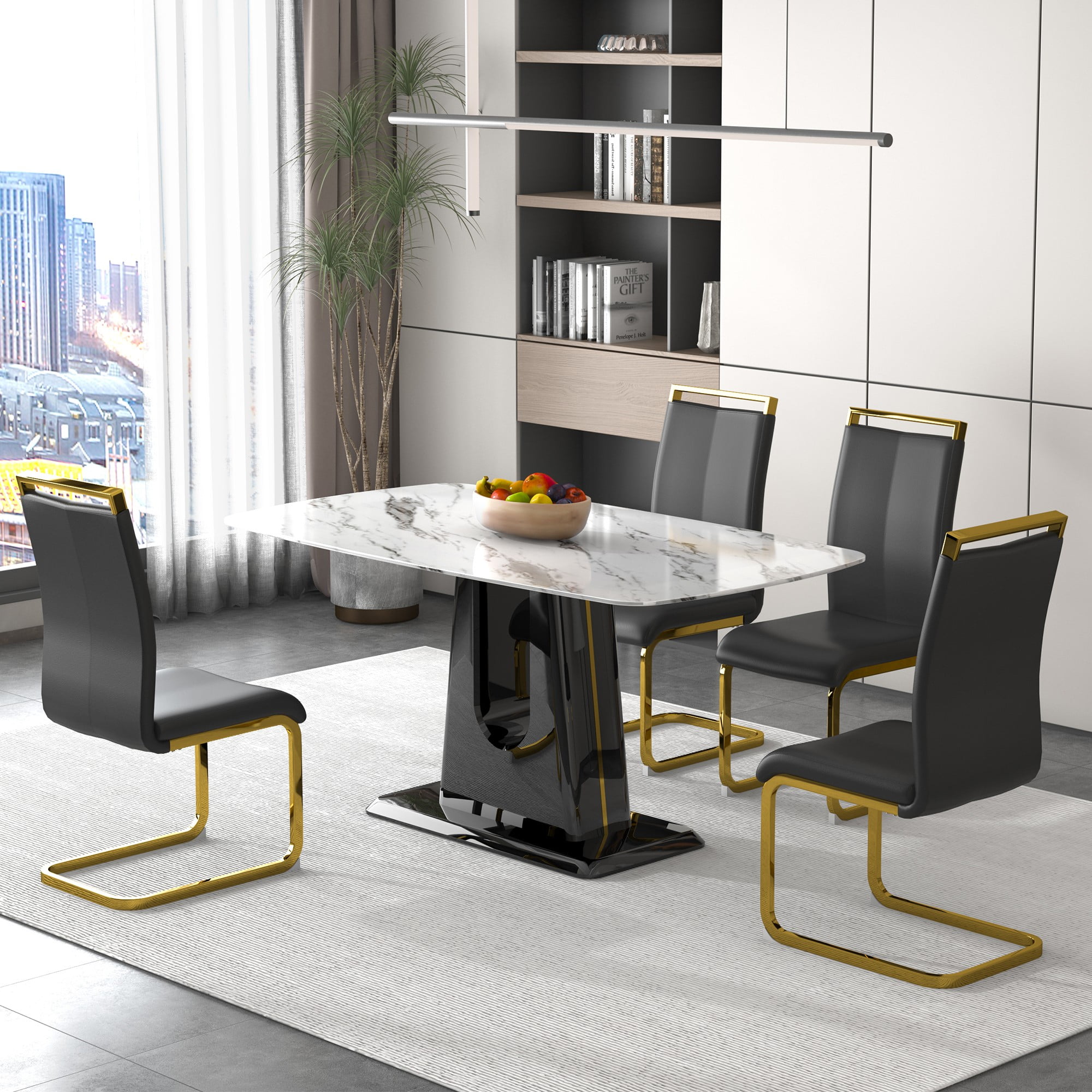 5-Piece Dining Set, Imitation Marble 63-inch Rectangular Dining Table ...