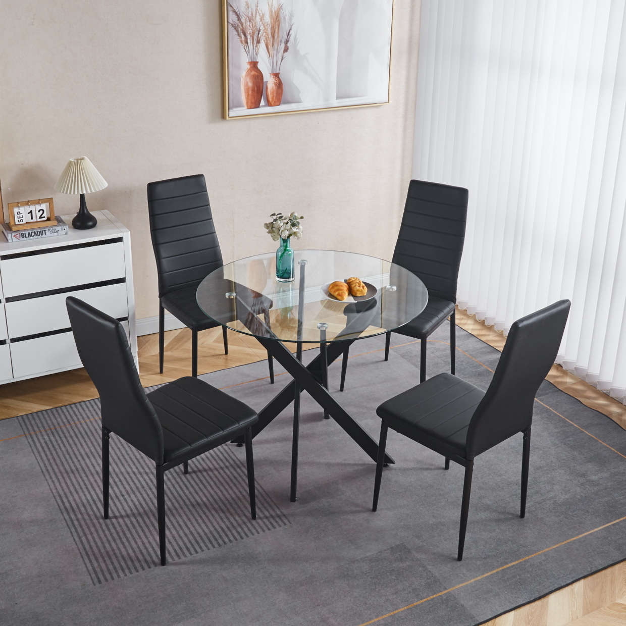 5-Piece Dining Set Mid-Century Glass Top Table with Metal Legs for 4-6 ...