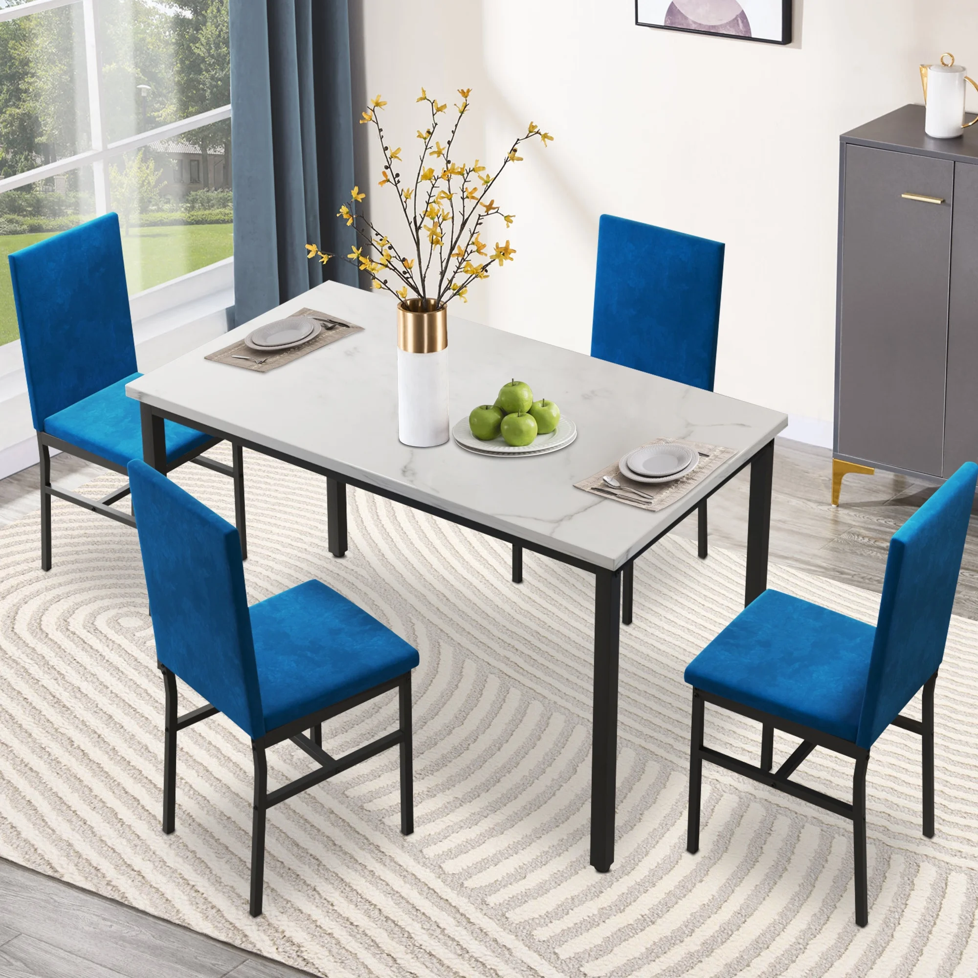5-Piece Modern Dining Set, Faux Marble Table, Velvet Chairs, Ideal for ...
