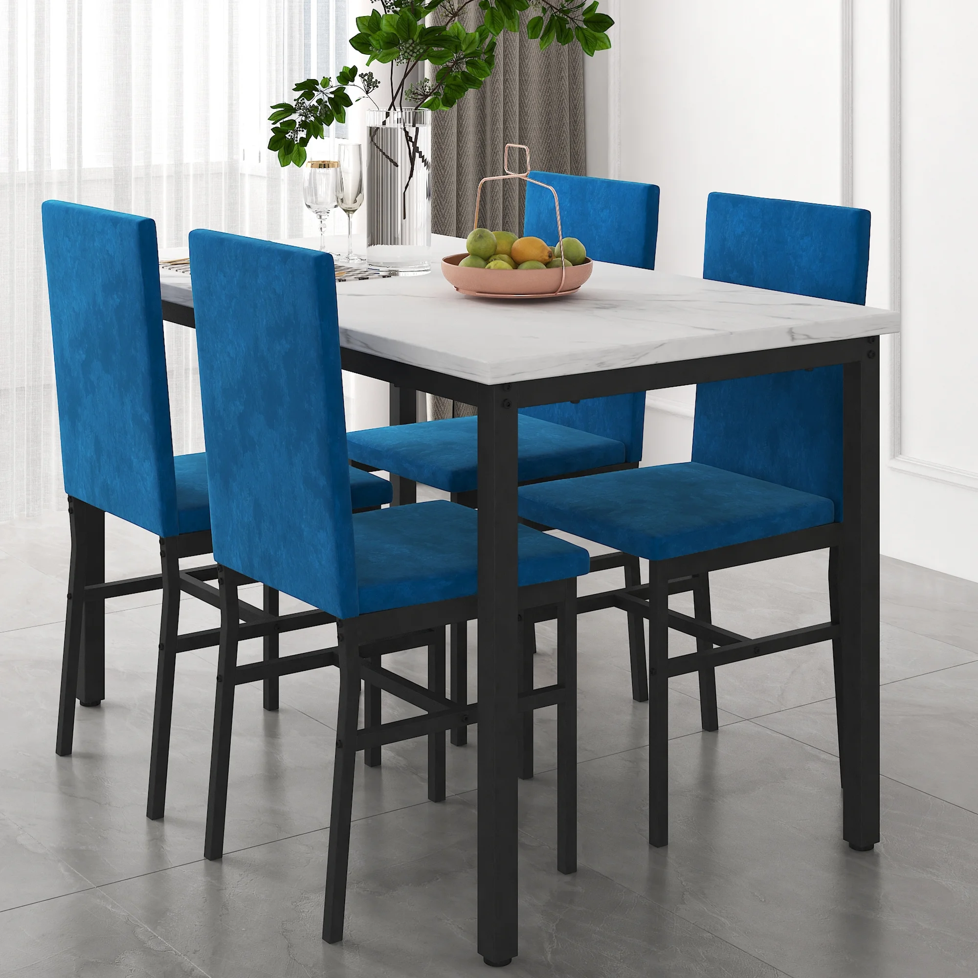 5-Piece Modern Dining Set, Faux Marble Table, Velvet Chairs, Ideal for ...