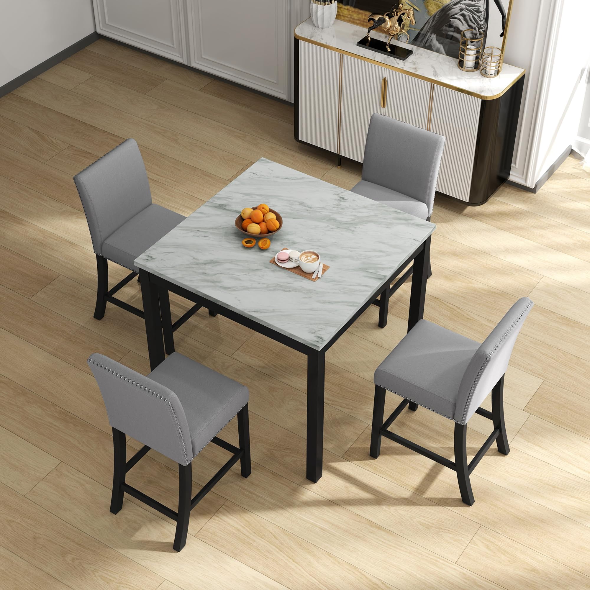 5 Piece Dining Set, Dining Table and Chair Set for 4 with Faux Marble ...