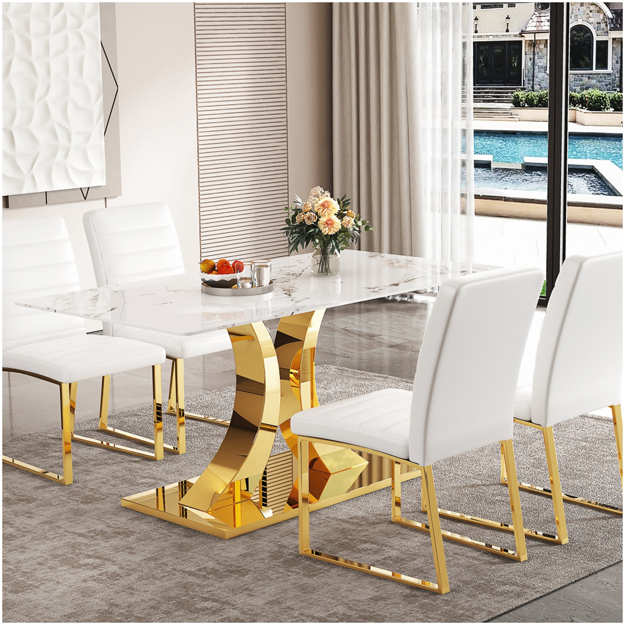 5-Piece Dining Set with Marble Pattern Glass Table and 4 Modern Chairs ...