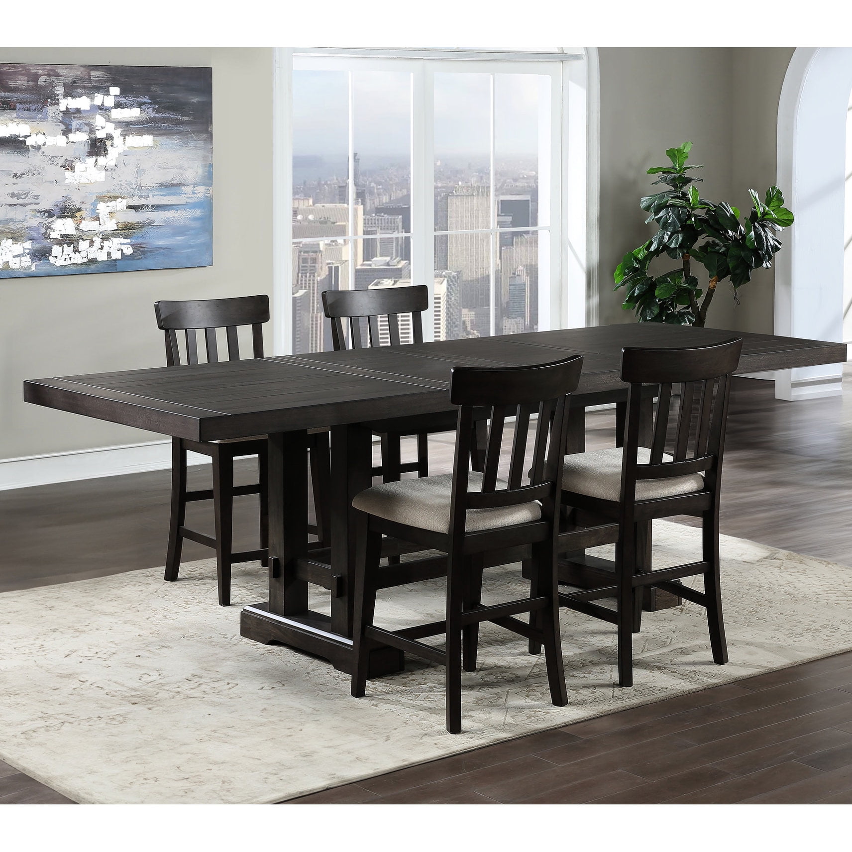 5 Piece Dining Set with Plank - Effect Table Top | Double Pedestal Base ...