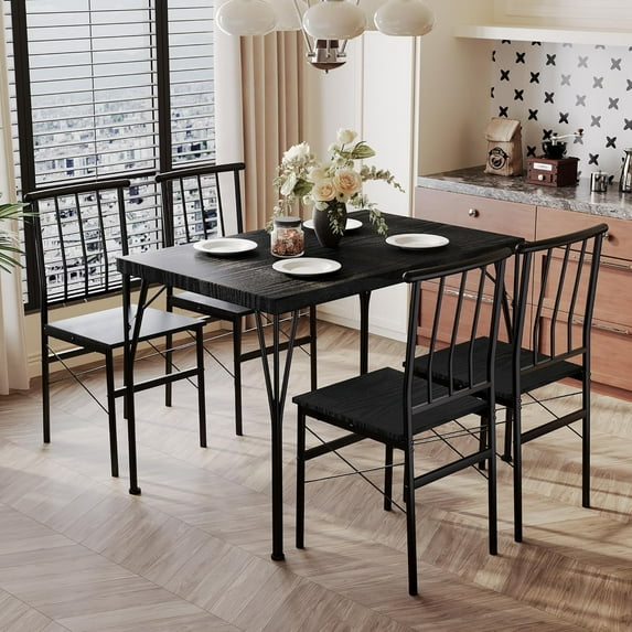 5 Piece Dining Table Set with 1.6" Thick Desktop, Modern Metal&Wood ...