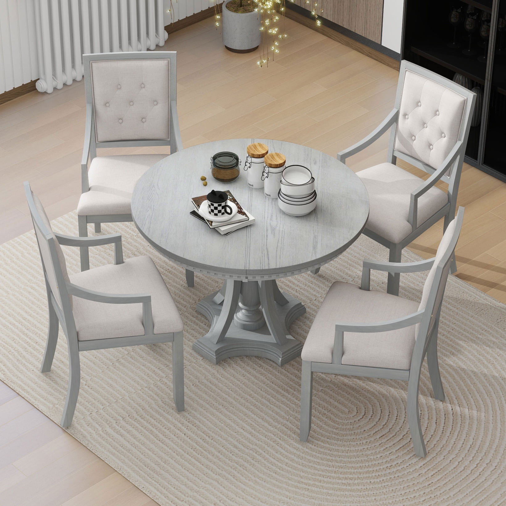5 Piece Dining Table Set, 1 Extendable Round Dining Table and 4 Chairs ...
