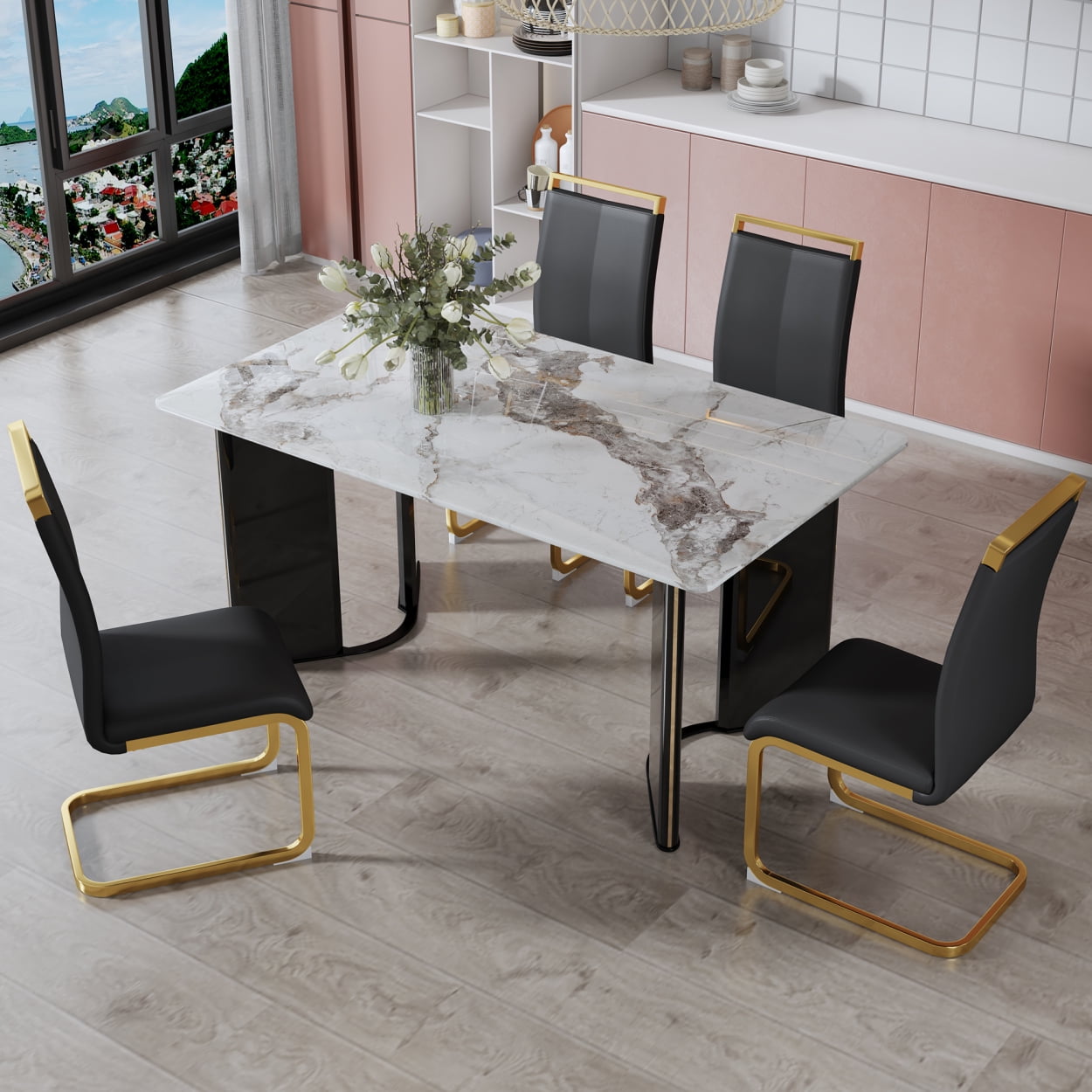 5 Piece Dining Table Set, 1 Imitation Marble Desktop Dining Table with ...