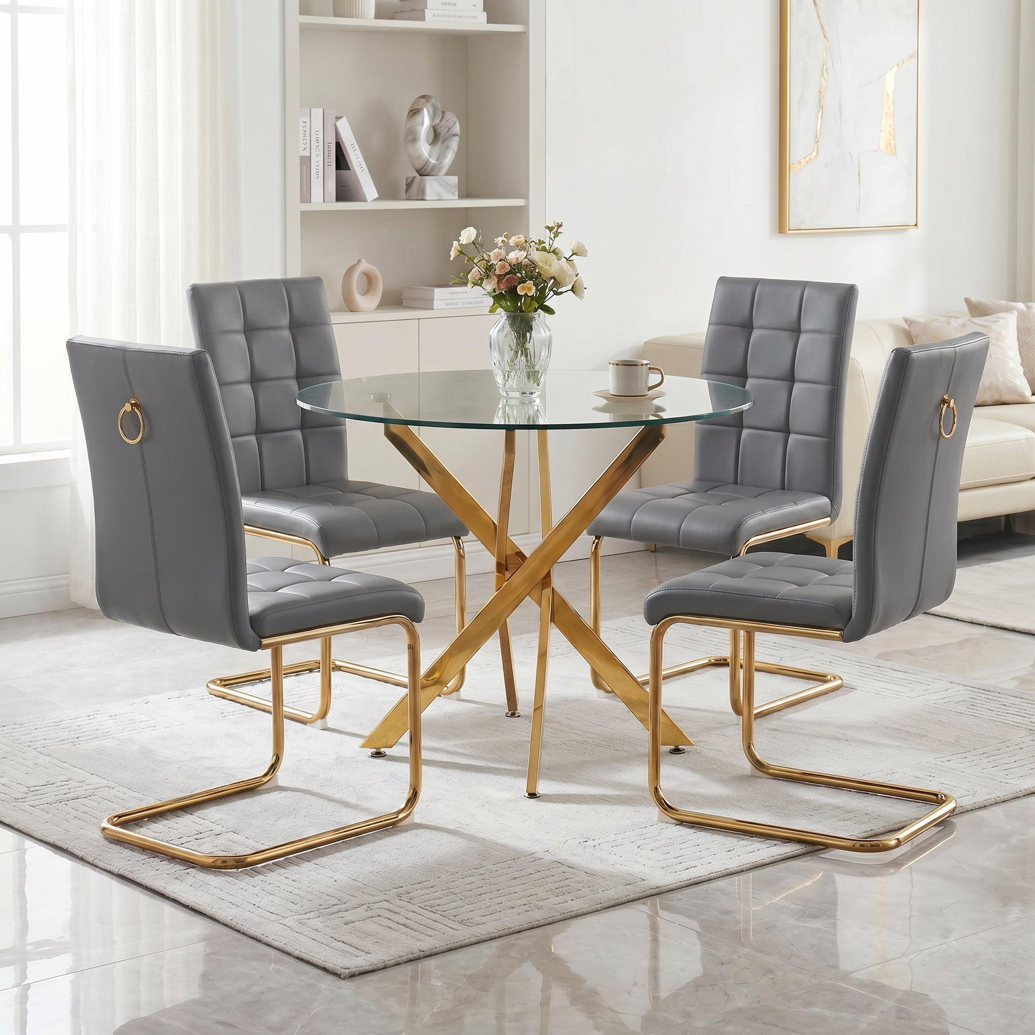 5-Piece Dining Table Set, 36" Round Clear Tempered Glass Table & 4 PU ...