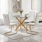 5-Piece Dining Table Set, 36" Round Clear Tempered Glass Table & 4 PU ...