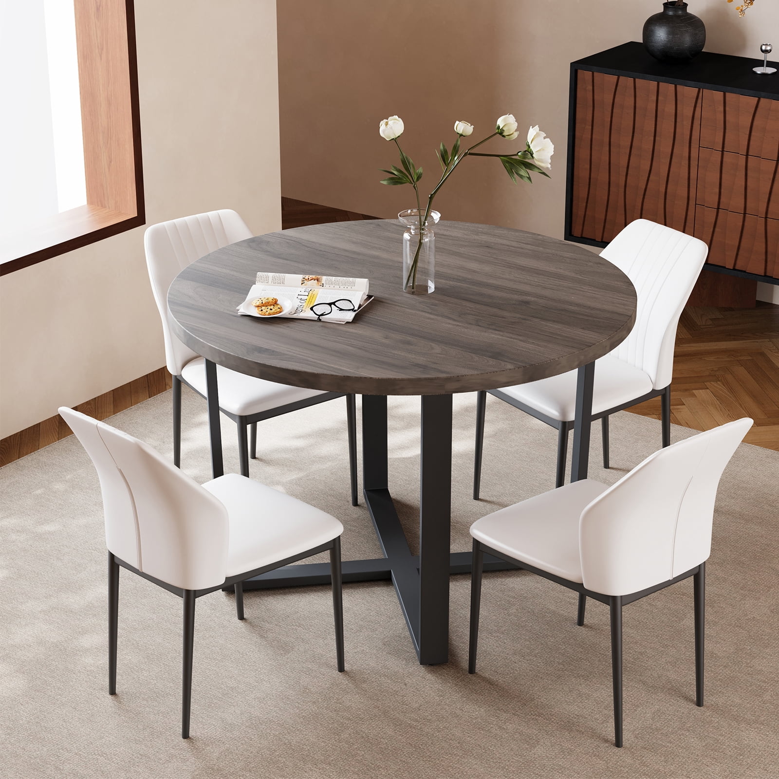 5 Piece Dining Table Set for 4, 43.31" Round X-Shaped Base Kitchen ...