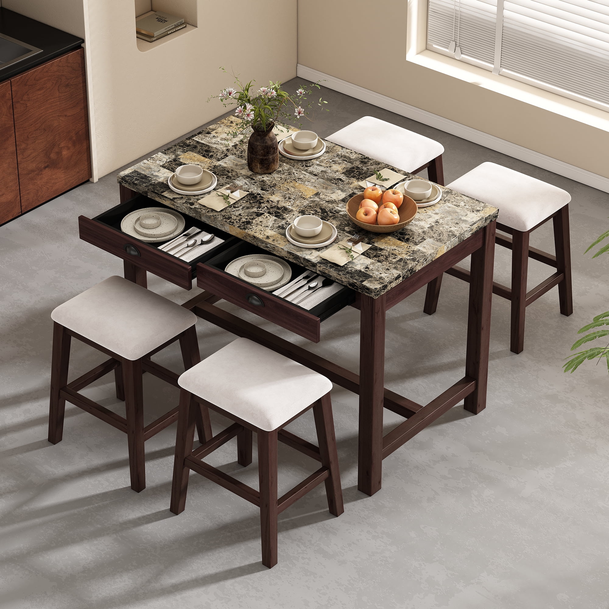 5-Piece Dining Table Set for 4, Counter Height Modern Kitchen Table and ...