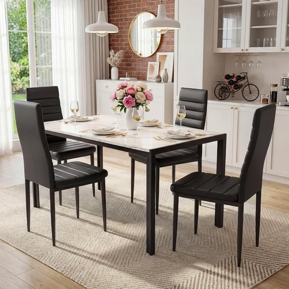 5-Piece Dining Table Set for 4 - Faux Marble Kitchen Table with 4 PU ...