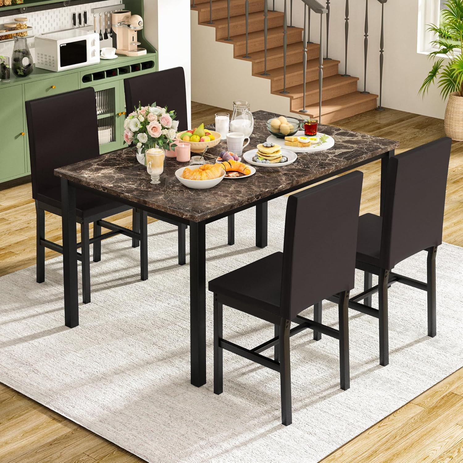 5-Piece Dining Table Set for 4 with Leather Chairs — Modern Elegant Design, Mable Finish Surface ...