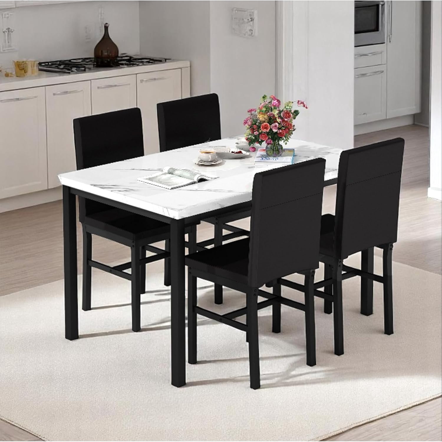 5-Piece Dining Table Set for 4 with Leather Chairs — Modern Elegant ...
