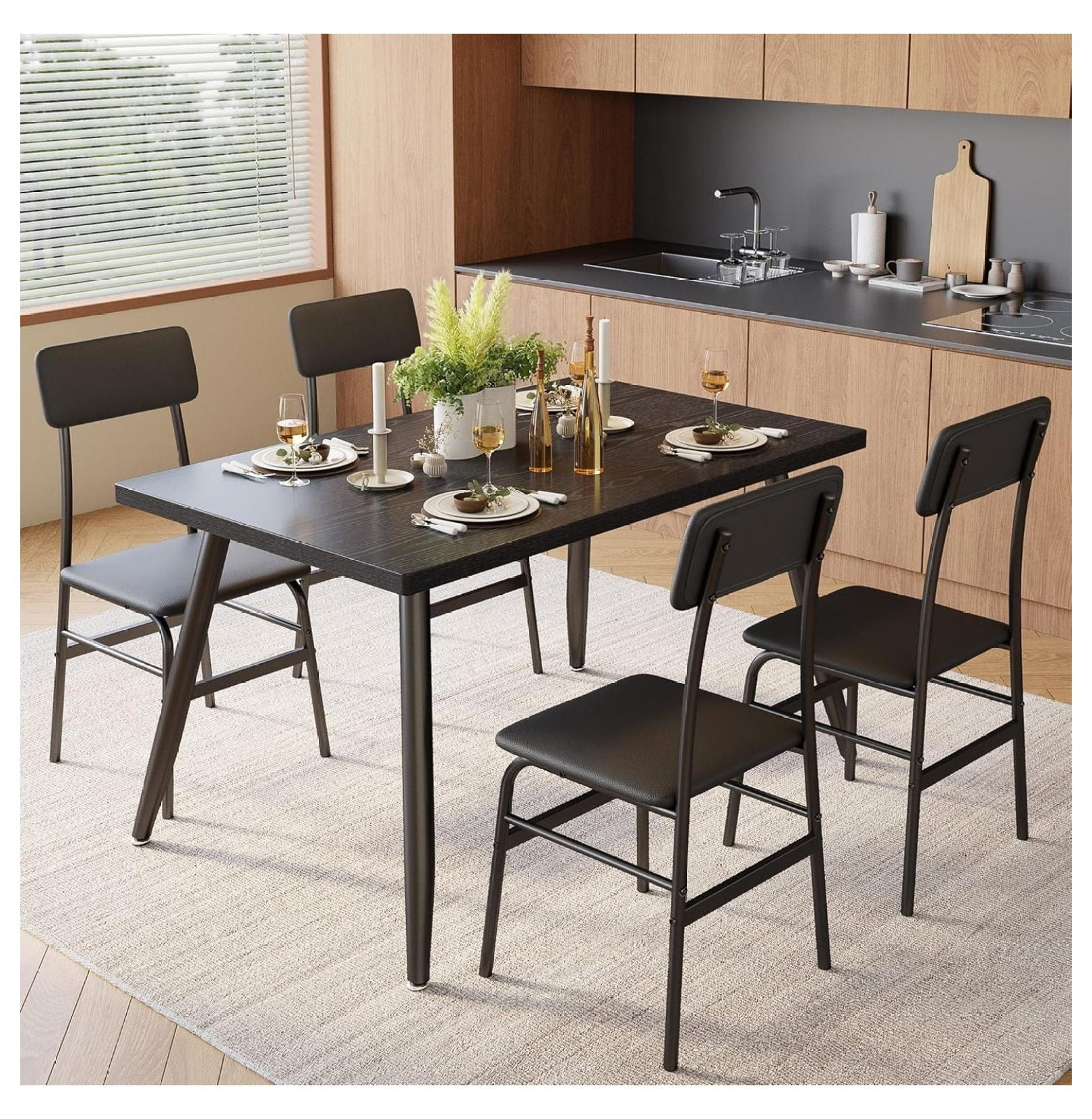 5 Piece Dining Table Set for 4, Modern Metal & Wood Kitchen Dinner ...