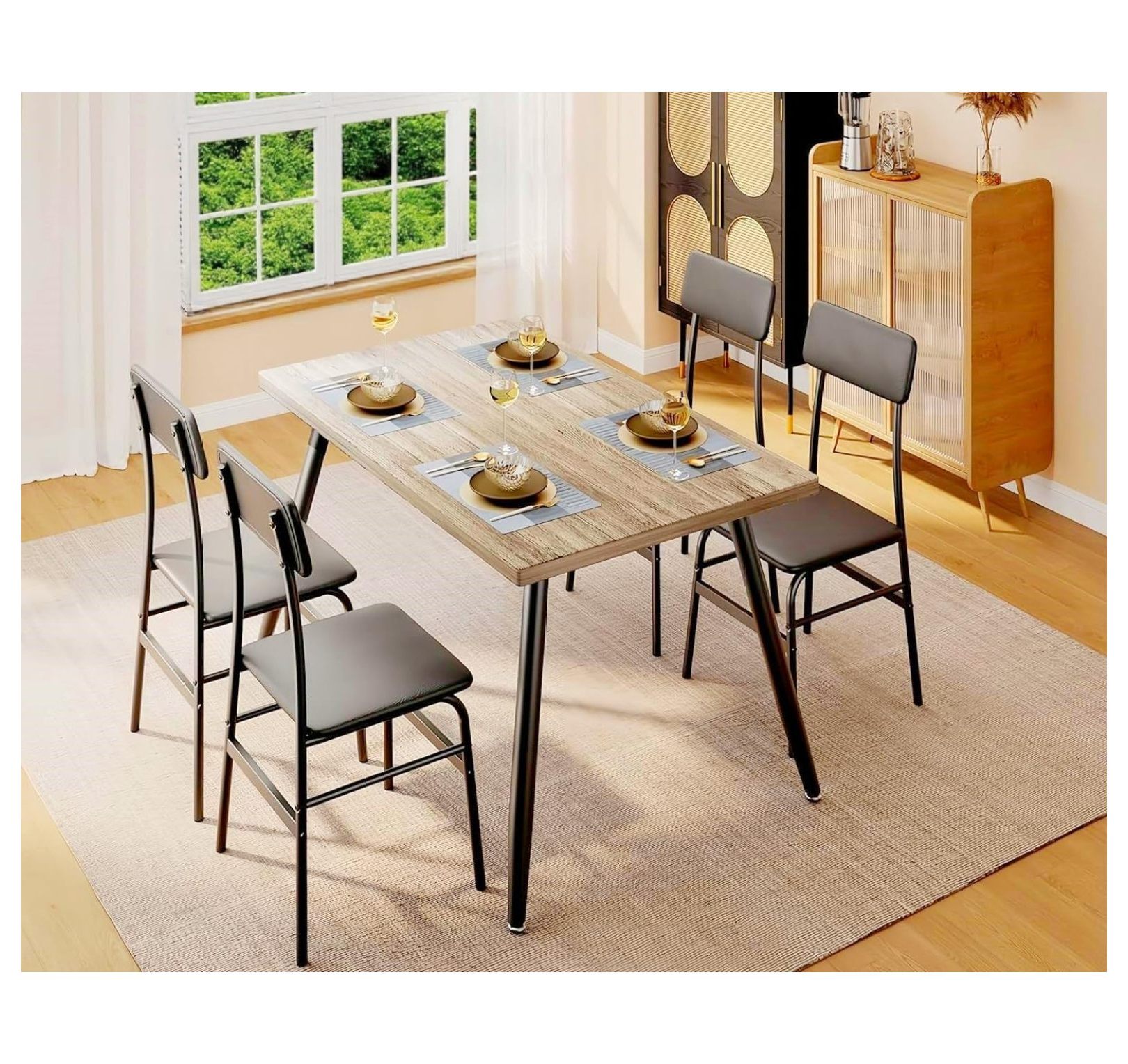 5 Piece Dining Table Set for 4, Modern Metal & Wood Kitchen Dinner ...