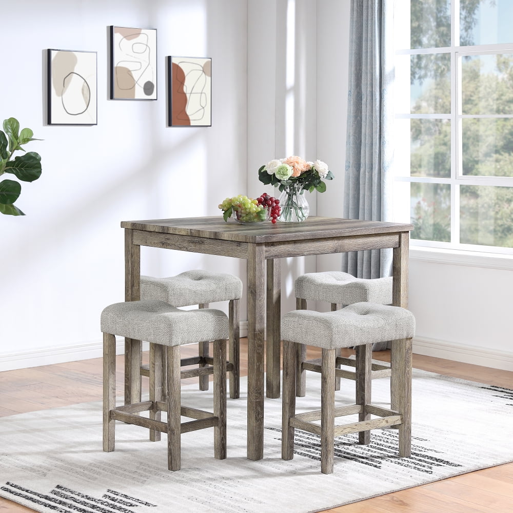 5-Piece Rustic Industrial Dining Set, Counter Height, Padded Stools ...