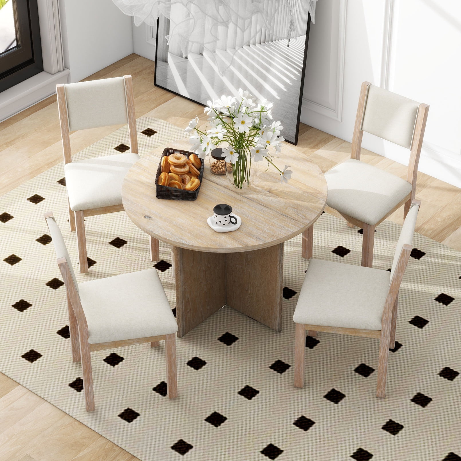 5-Piece Dining Table Set for 4, Retro Solid Wood Extendable Round Table ...
