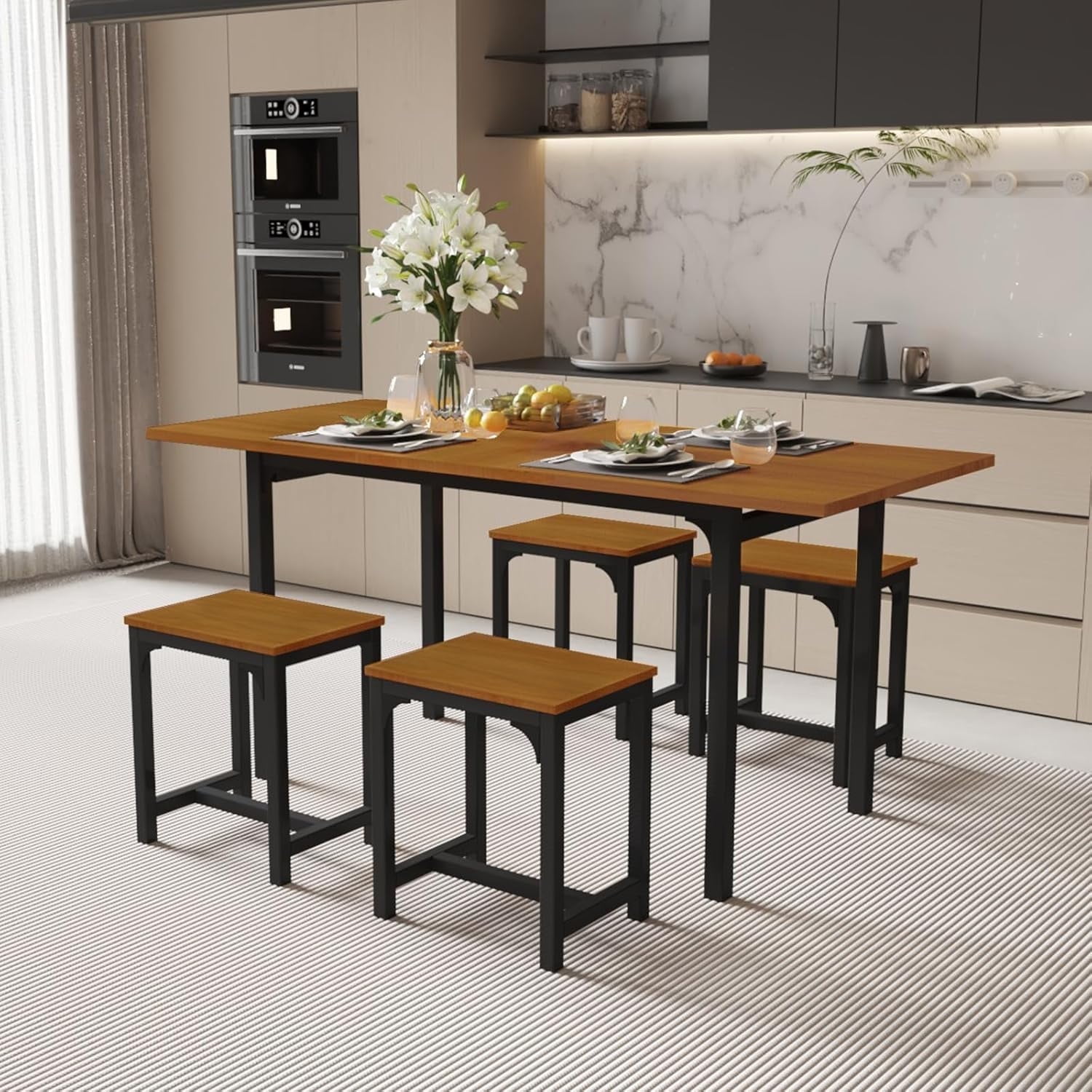 5-Piece Dining Table Set with 4 Stools, 63" Large Extendable Kitchen ...