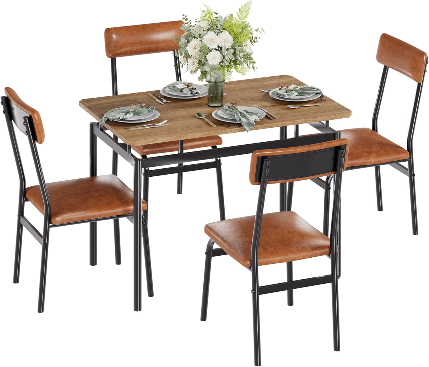 5-Piece Dining Table Set for 4, Wood & Metal Kitchen Dinner Table Set ...