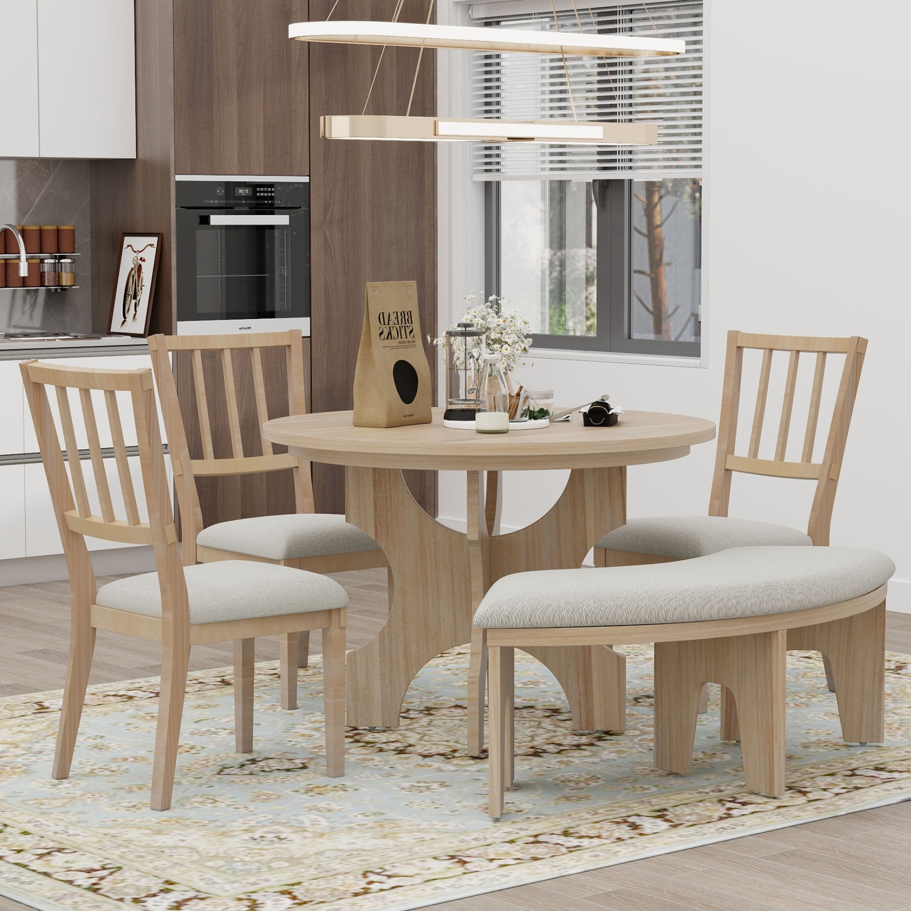 5-Piece Dining Table Set, 44" Round Dining Table with Curved Bench and ...