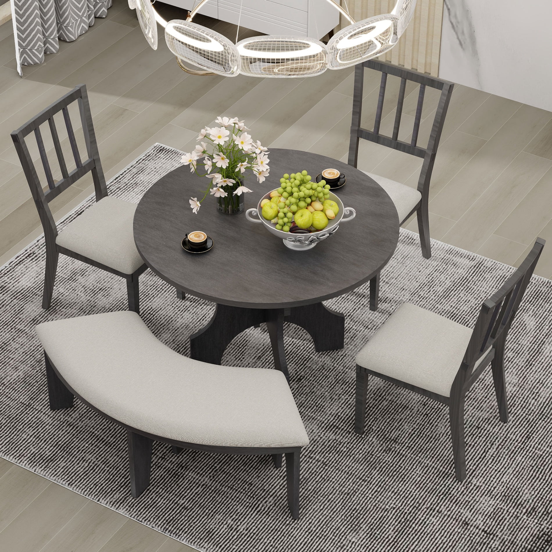 5-Piece Dining Table Set, 44" Round Dining Table with Curved Bench and ...