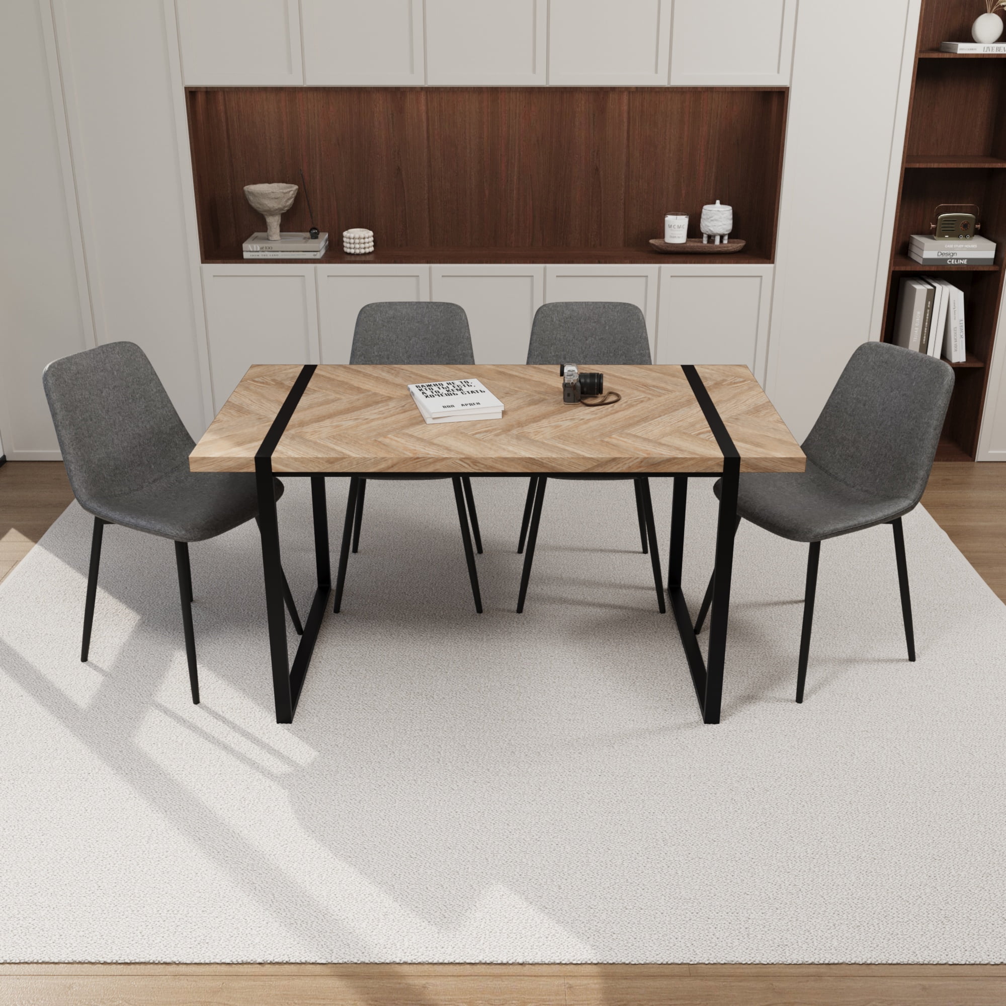 5-Piece Dining Table Set, 59" Mdf Light Wood Dining Table And Modern ...