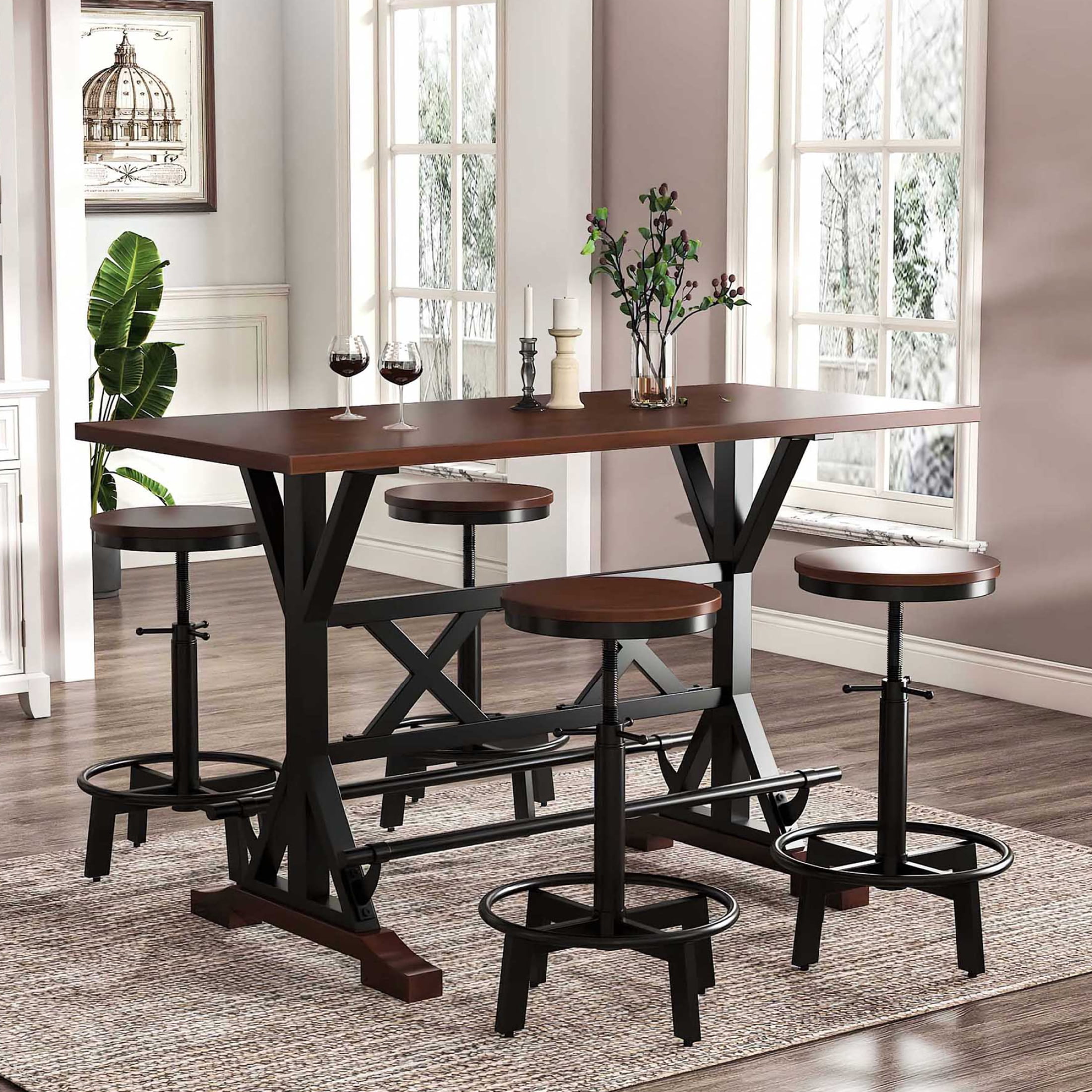 5-Piece Dining Table Set, 59" Wooden Sofa Side Table with Stabilizing ...