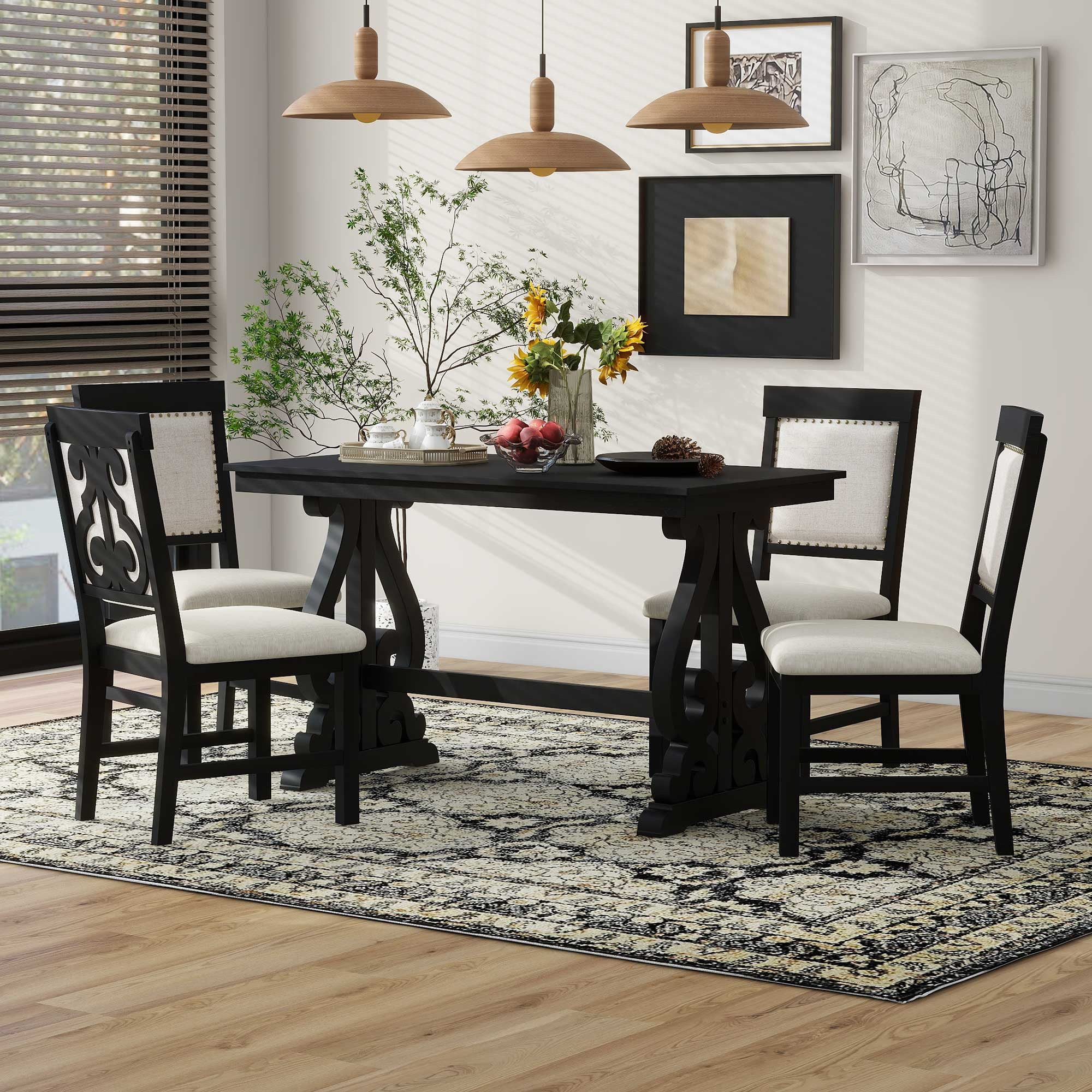 Atumon 5-Piece Black Dining Set, Wood Table & 4 Upholstered Chairs ...