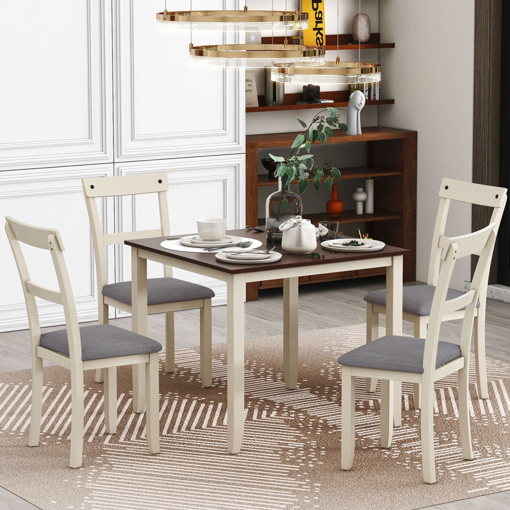 5 Piece Dining Table Set, Counter Height Dining Set, Industrial Wooden ...