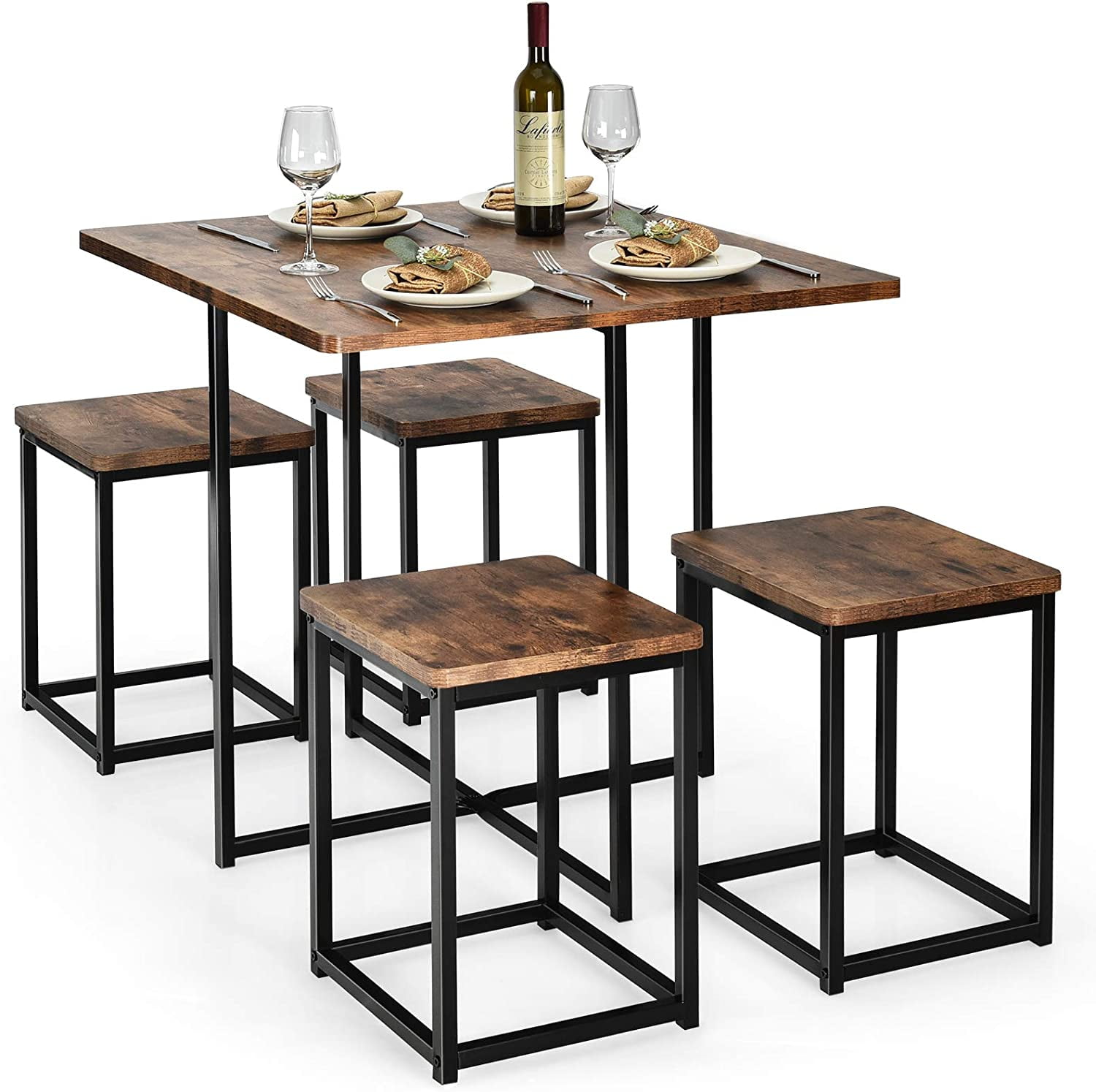 5 Piece Dining Table Set, Dining Set for 4 with Square Stools, Small ...