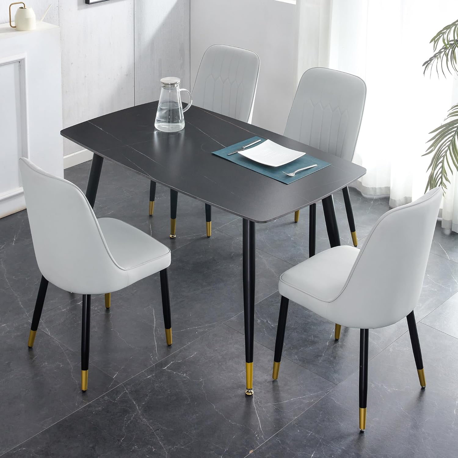 5 Piece Dining Table Set,Faux Marble Dining Table Set for 4-6,Black ...