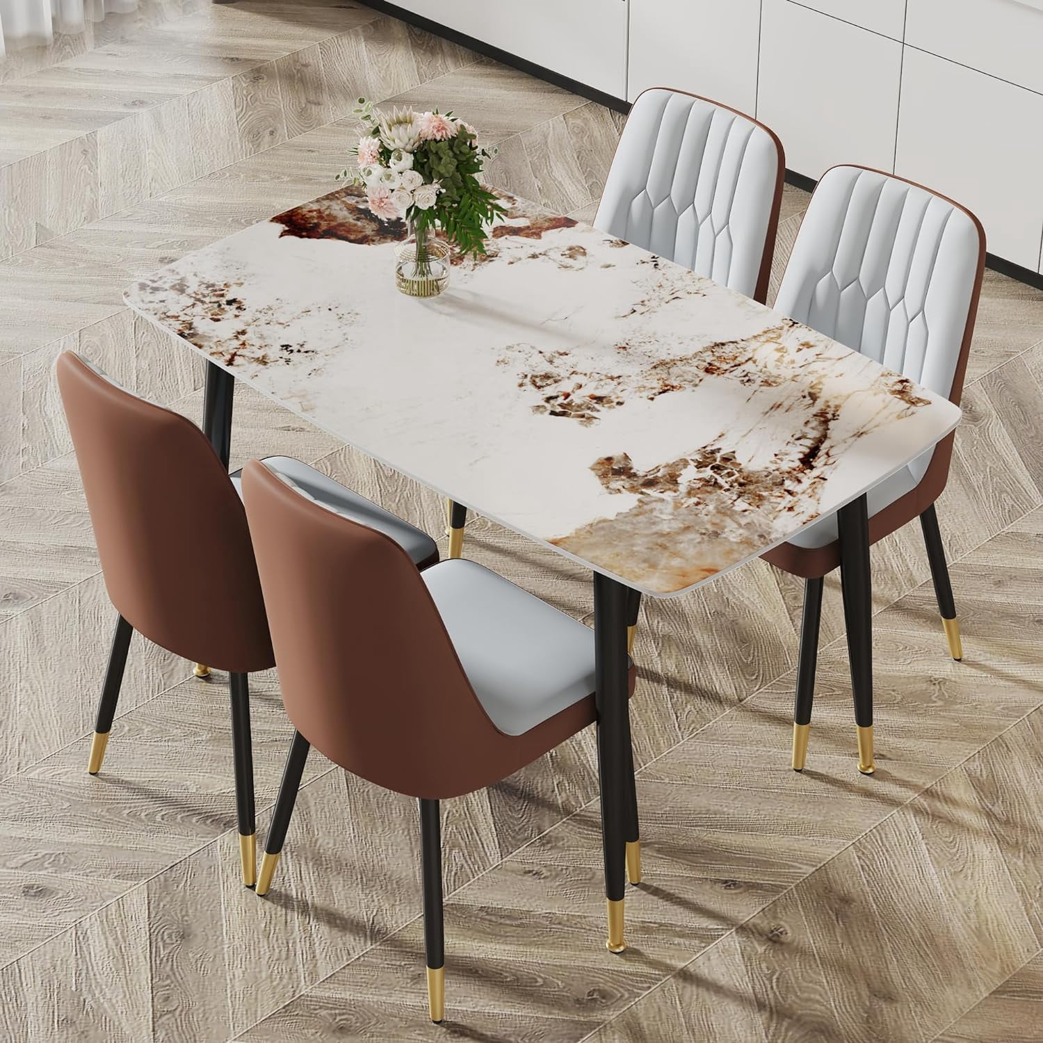 5 Piece Dining Table Set,Faux Marble Dining Table Set for 4,Imitation ...