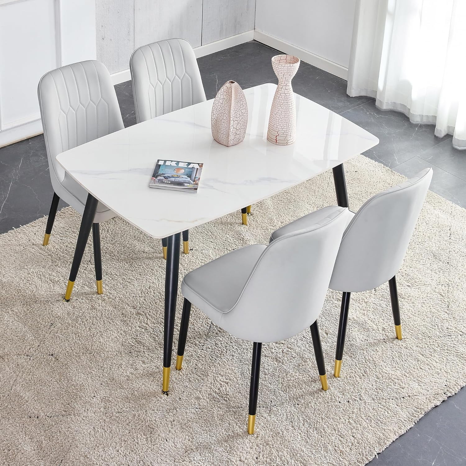 5 Piece Dining Table Set,Faux Marble Dining Table Set for 4,White ...