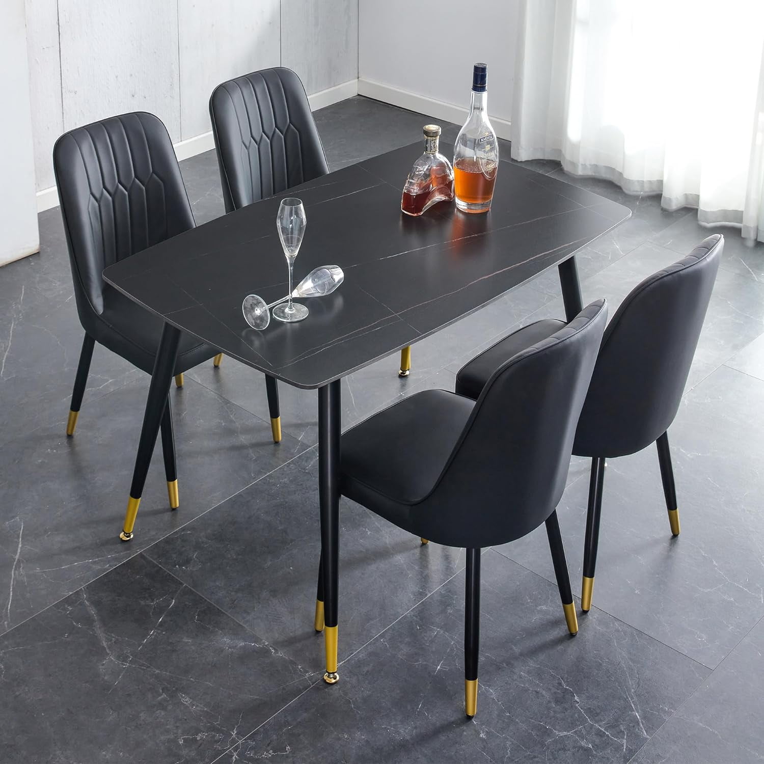 5 Piece Dining Table Set,Faux Marble Dining Table Set for 4-6,Black ...