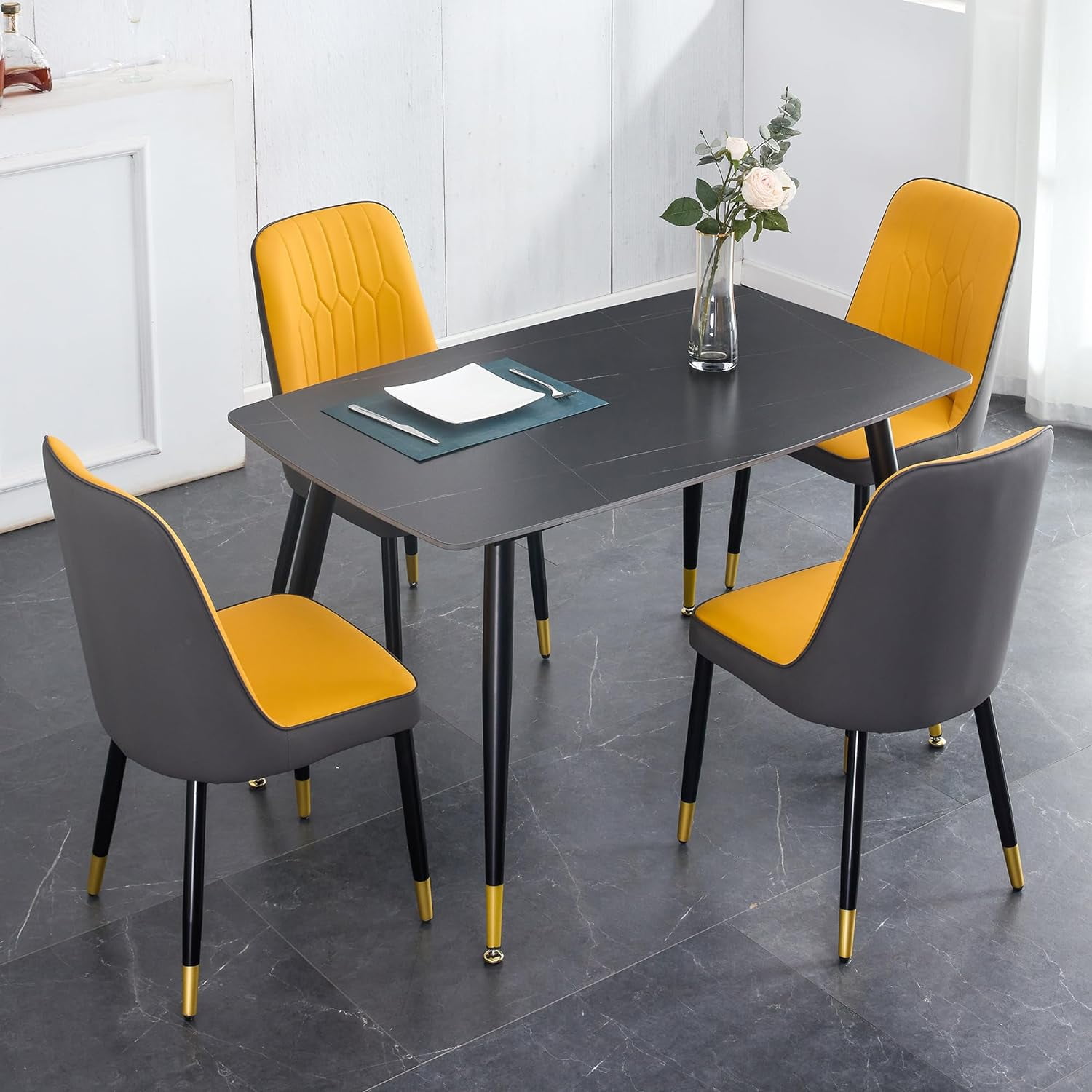 5 Piece Dining Table Set,Faux Marble Dining Table Set for 4-6,Black ...