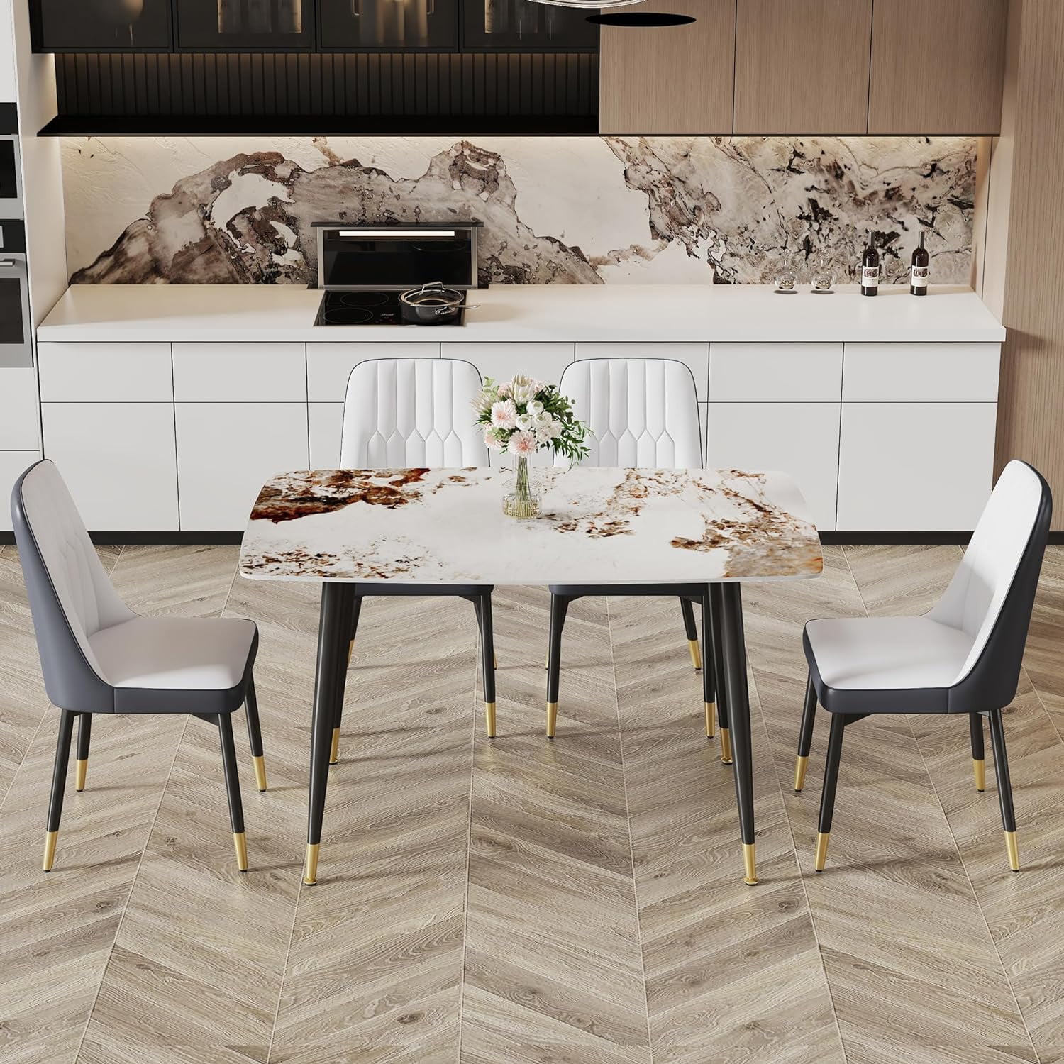 5 Piece Dining Table Set,Faux Marble Dining Table Set for 4-6,Sintered ...