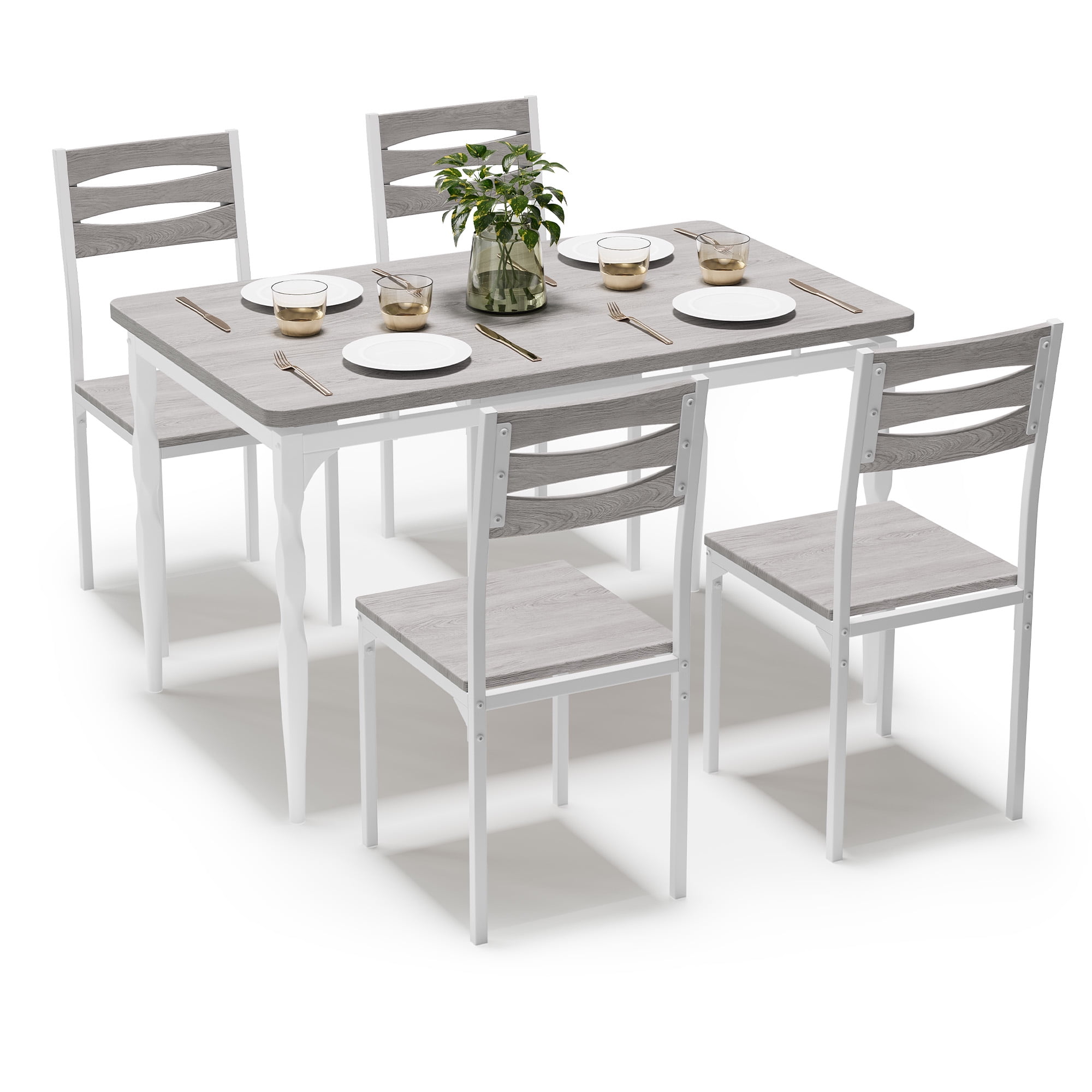 5-Piece Dining Table Set, Industrial Style Table and 4 Chairs, Washed ...
